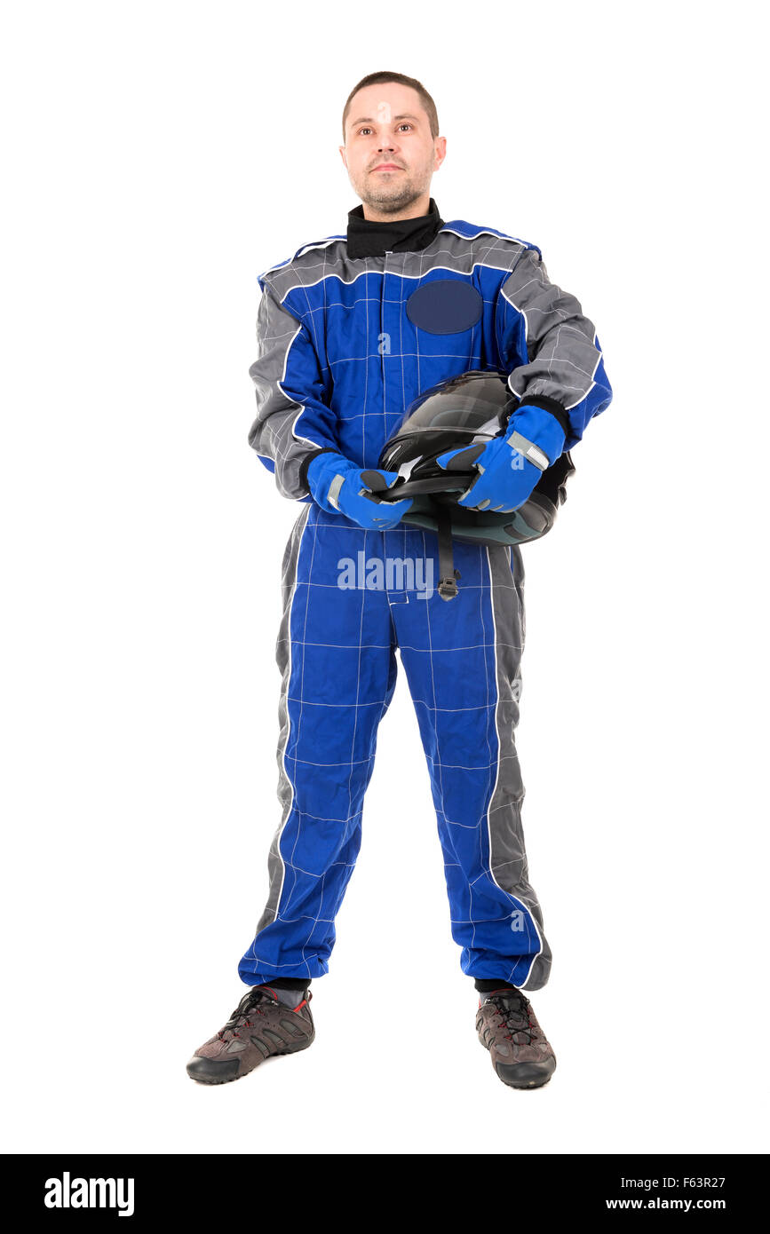 Racing driver posing with helmet isolated in white Stock Photo - Alamy