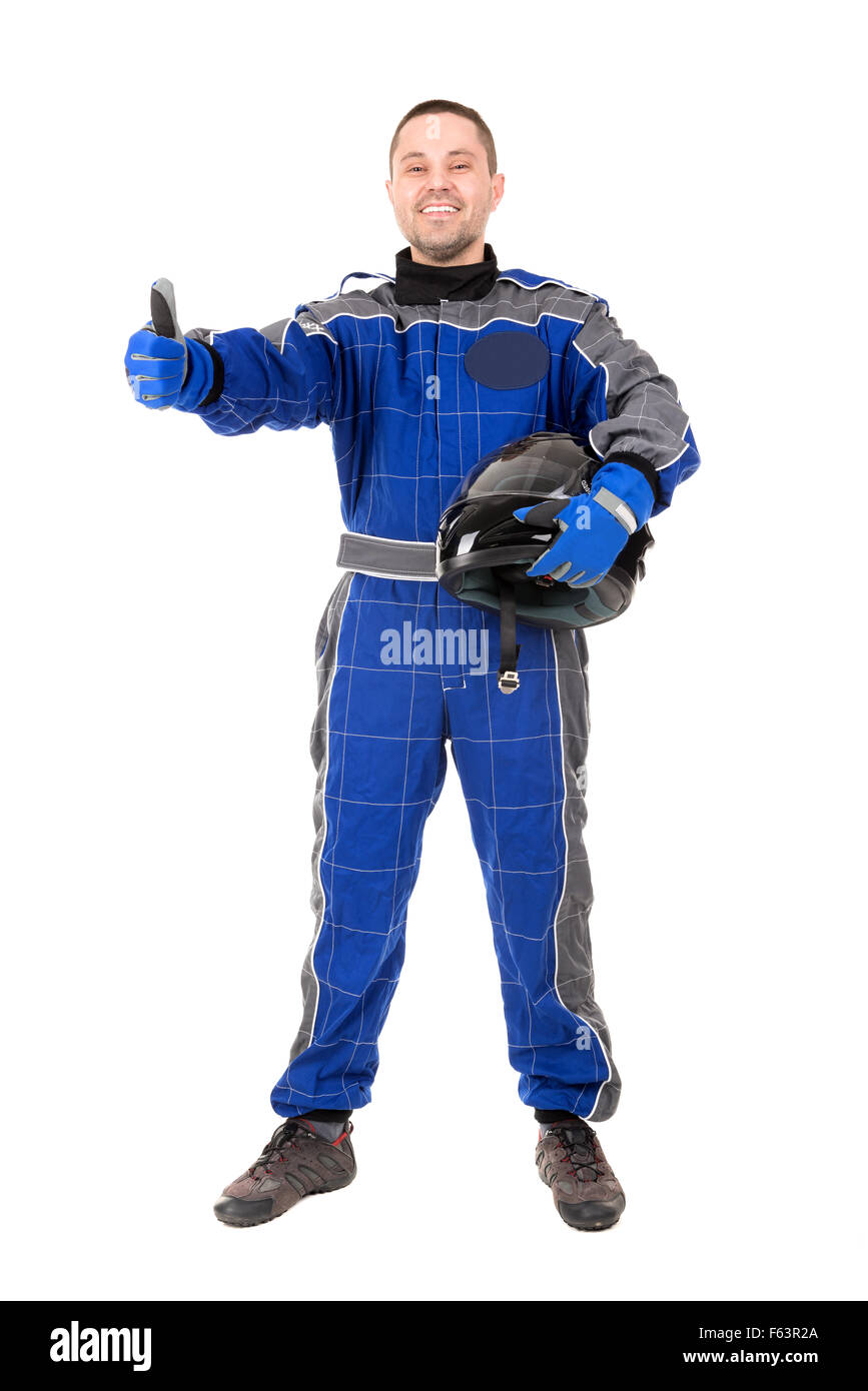 Racing driver posing with helmet isolated in white Stock Photo - Alamy