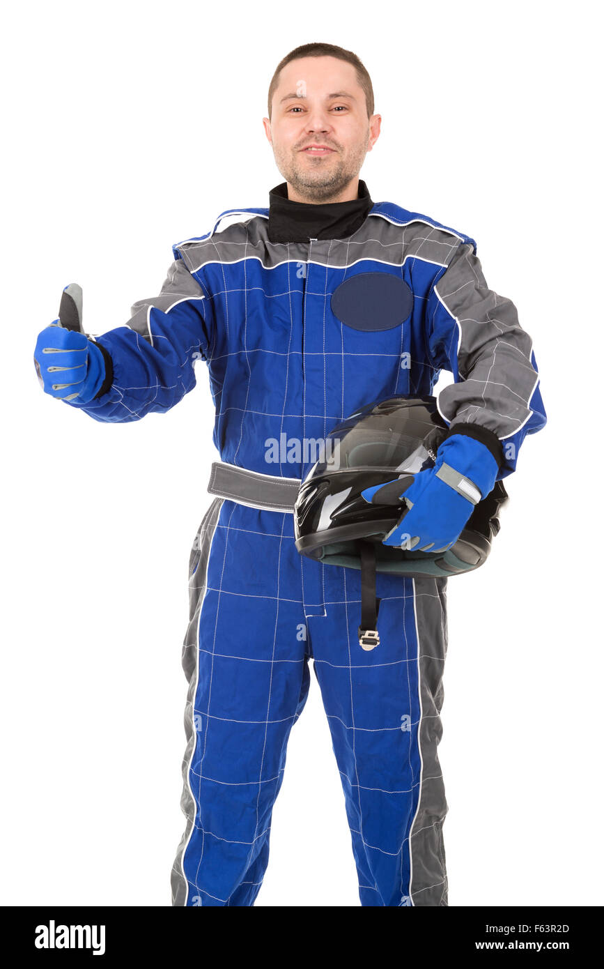 Racing driver posing with helmet isolated in white Stock Photo - Alamy