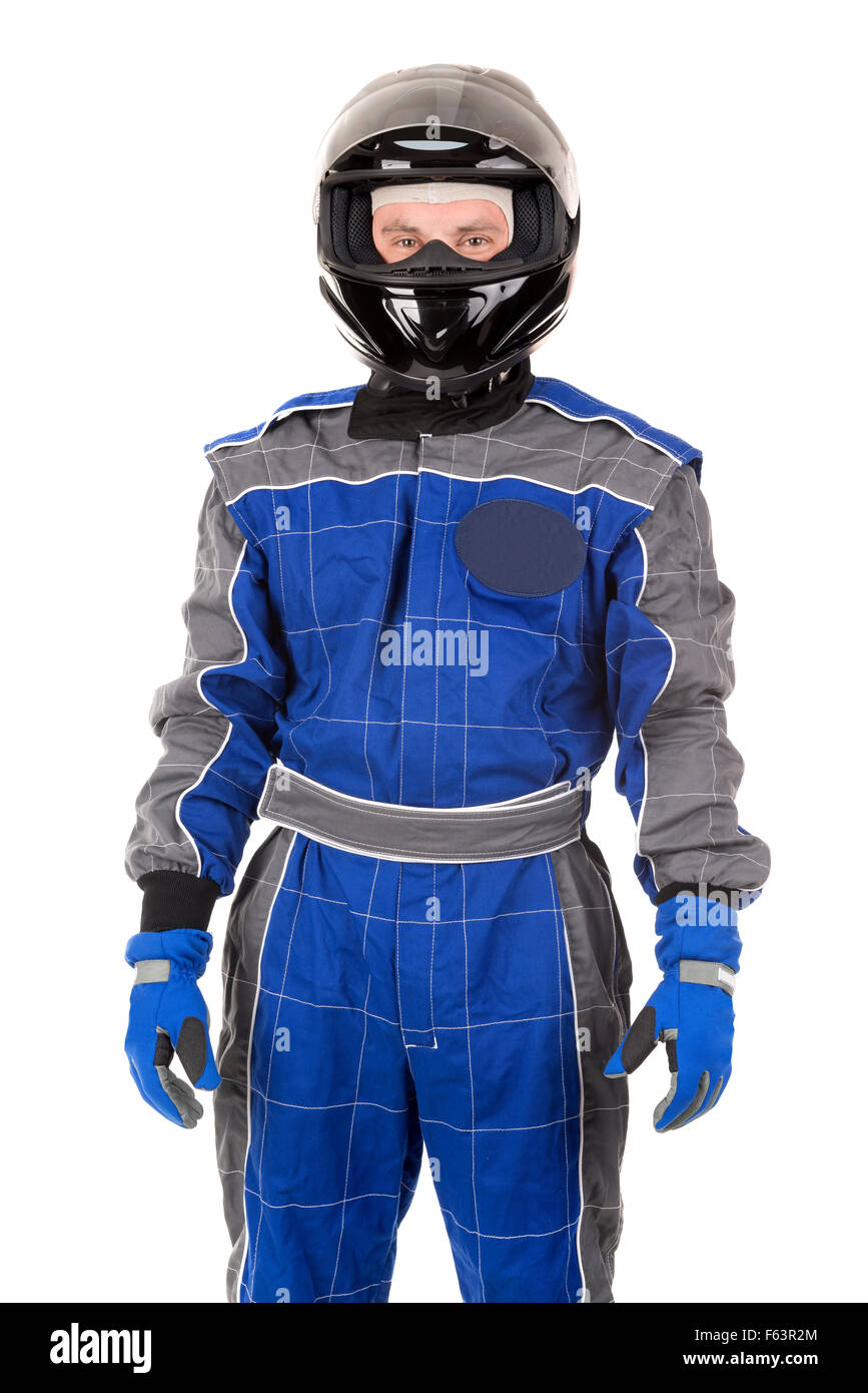 Racing driver posing with helmet isolated in white Stock Photo - Alamy