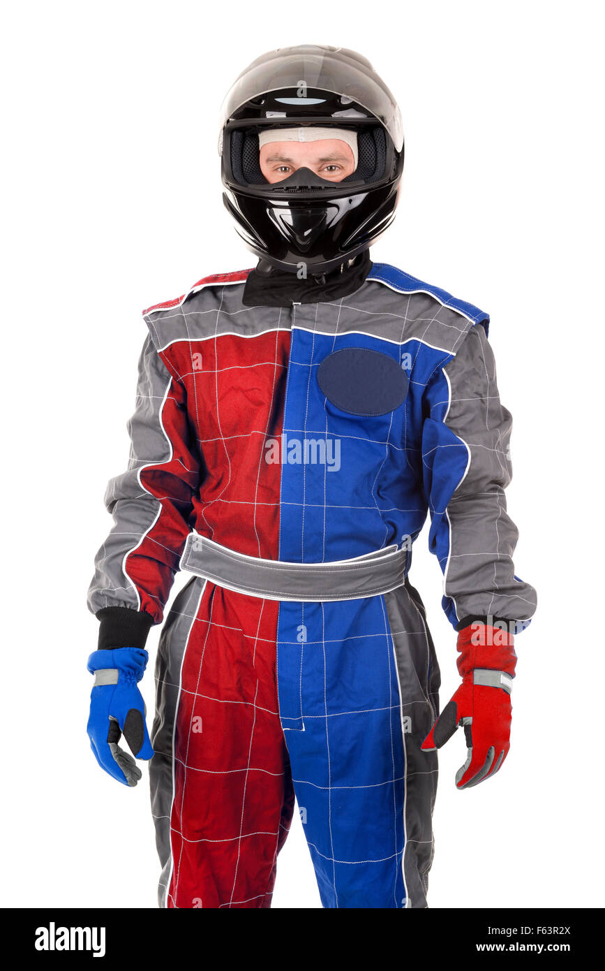 Racing driver posing with helmet isolated in white Stock Photo - Alamy