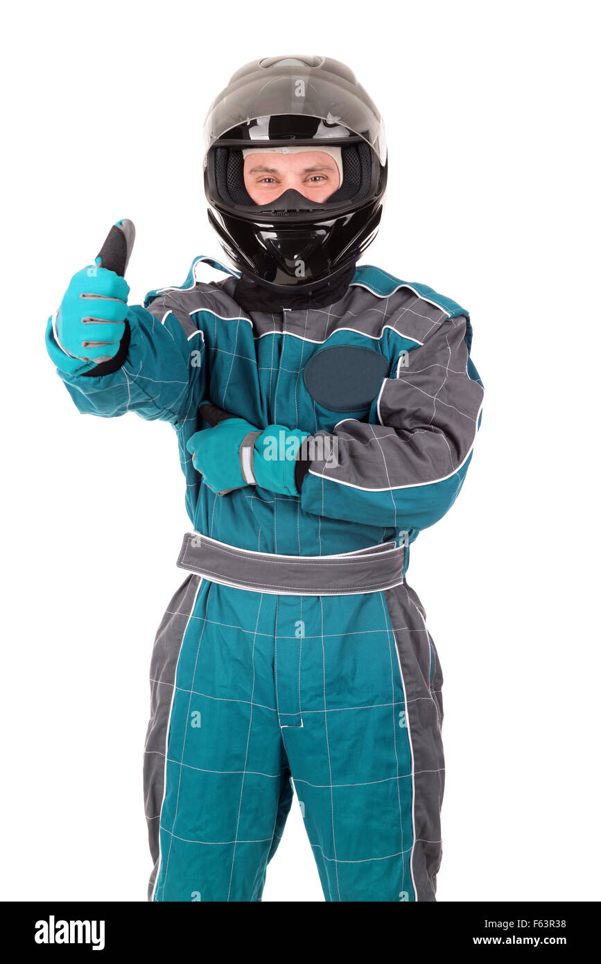 Racing driver posing with helmet isolated in white Stock Photo - Alamy