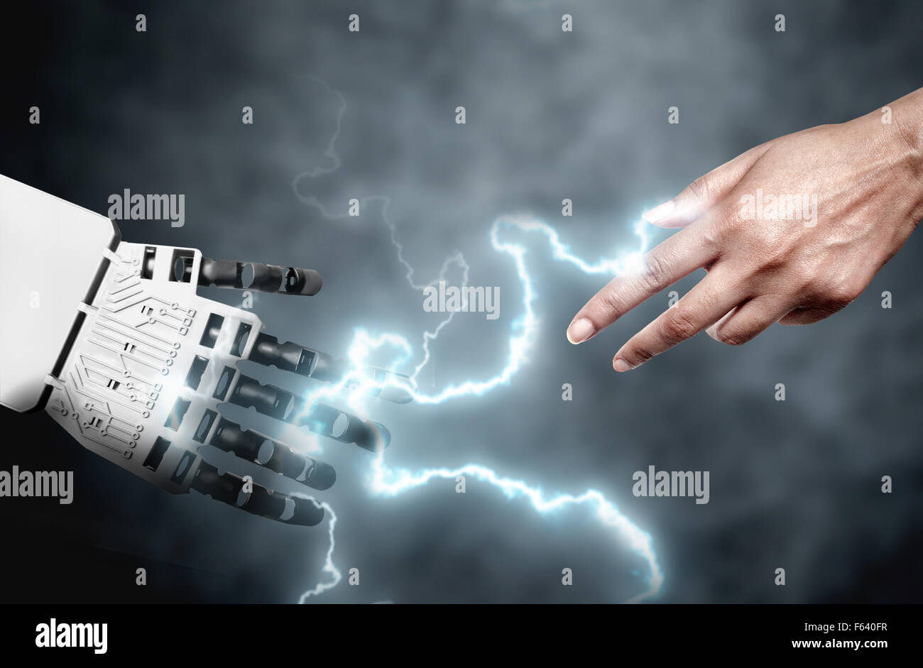 Robot and human connecting through electricity bolts Stock Photo - Alamy