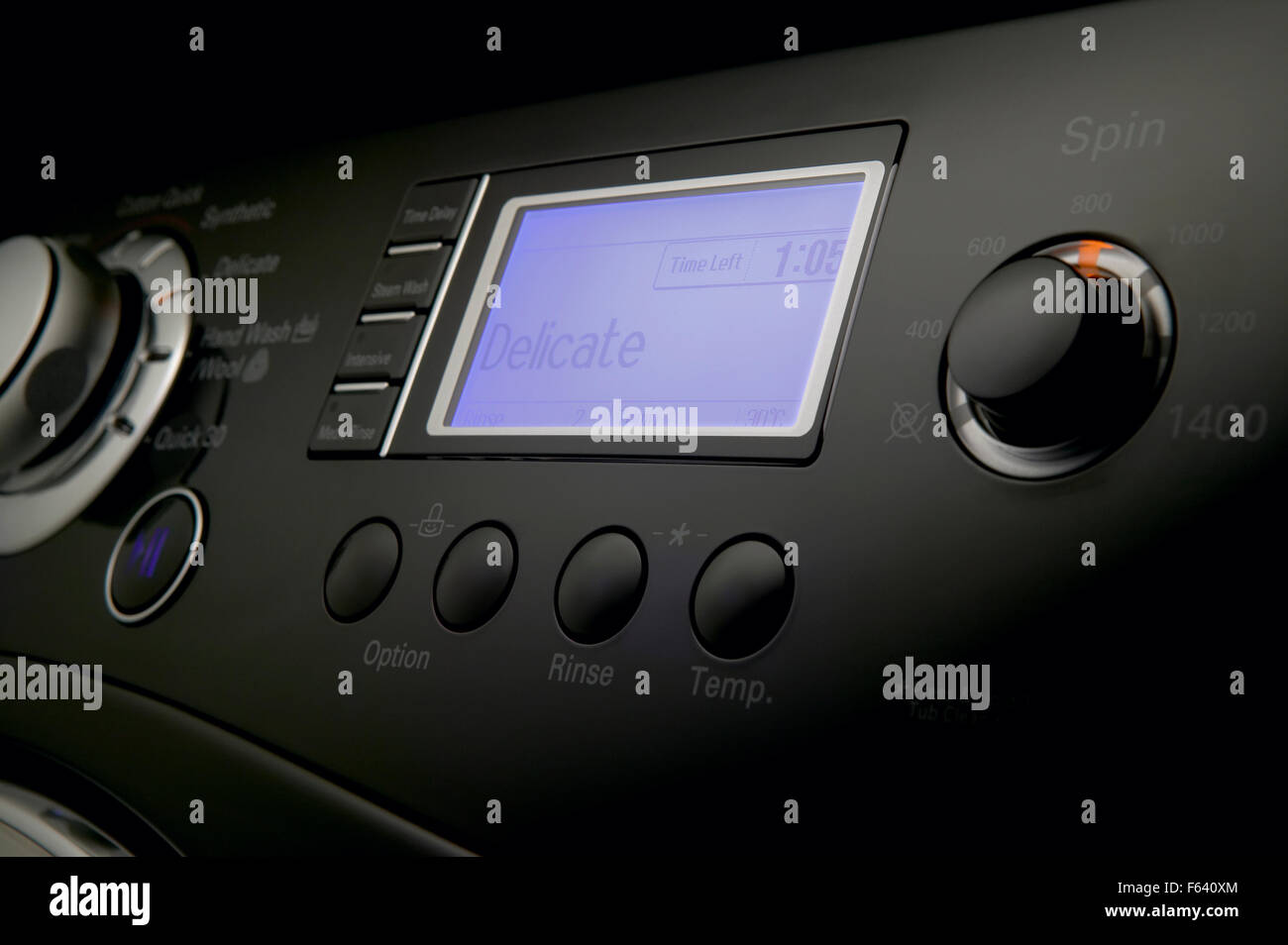 Close up of a modern washing machine control panel and buttons , with ...