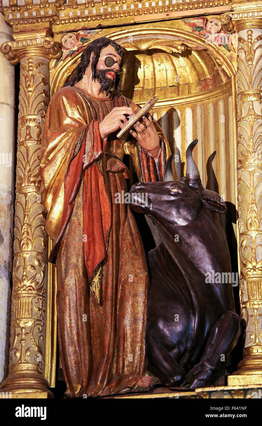 LEON, SPAIN - JULY 17, 2014:Sculpture of the Evangelist Saint Luke with ...