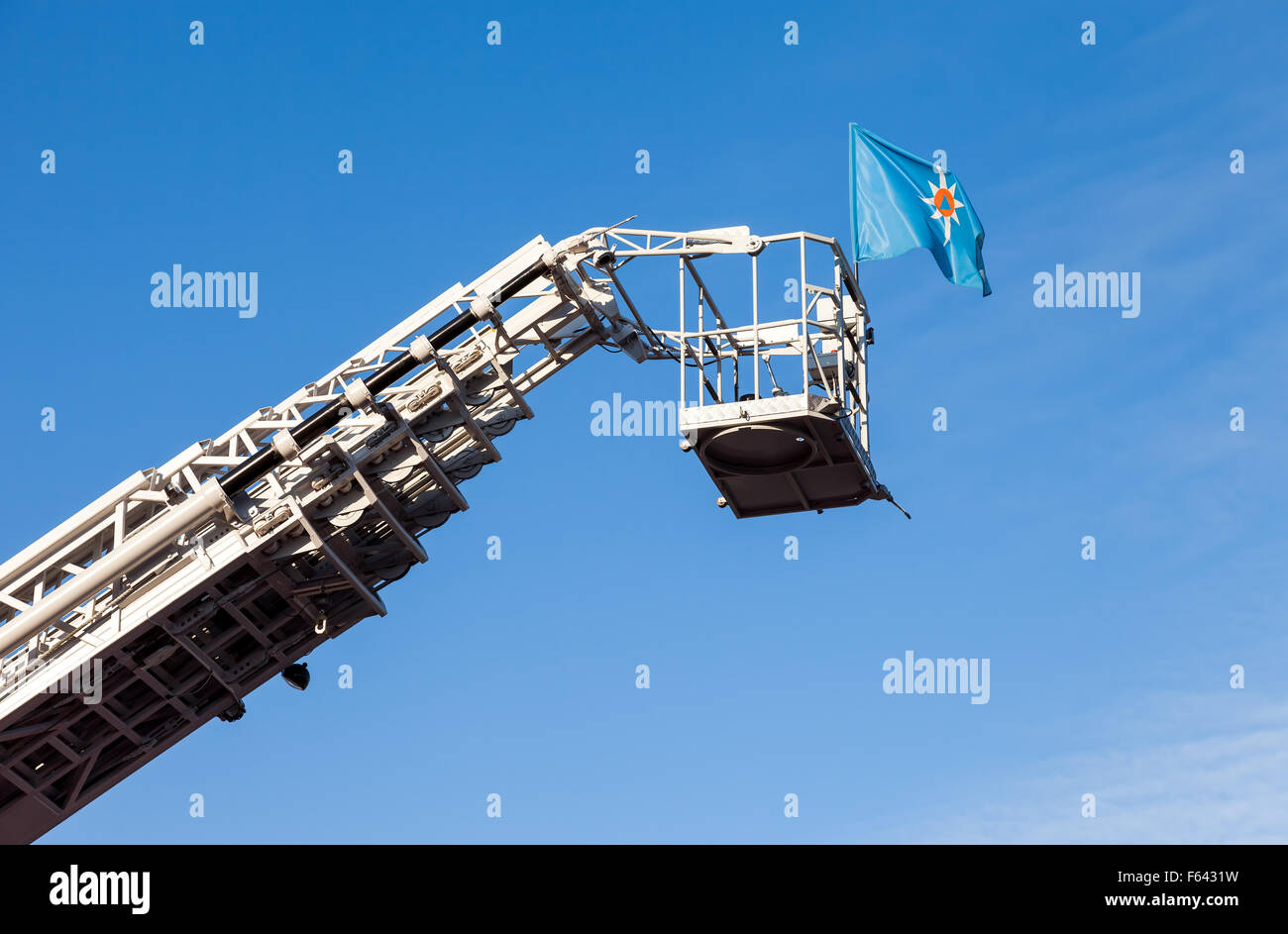 Flag of the Russian Ministry of Emergency Situations fluttering on the ...