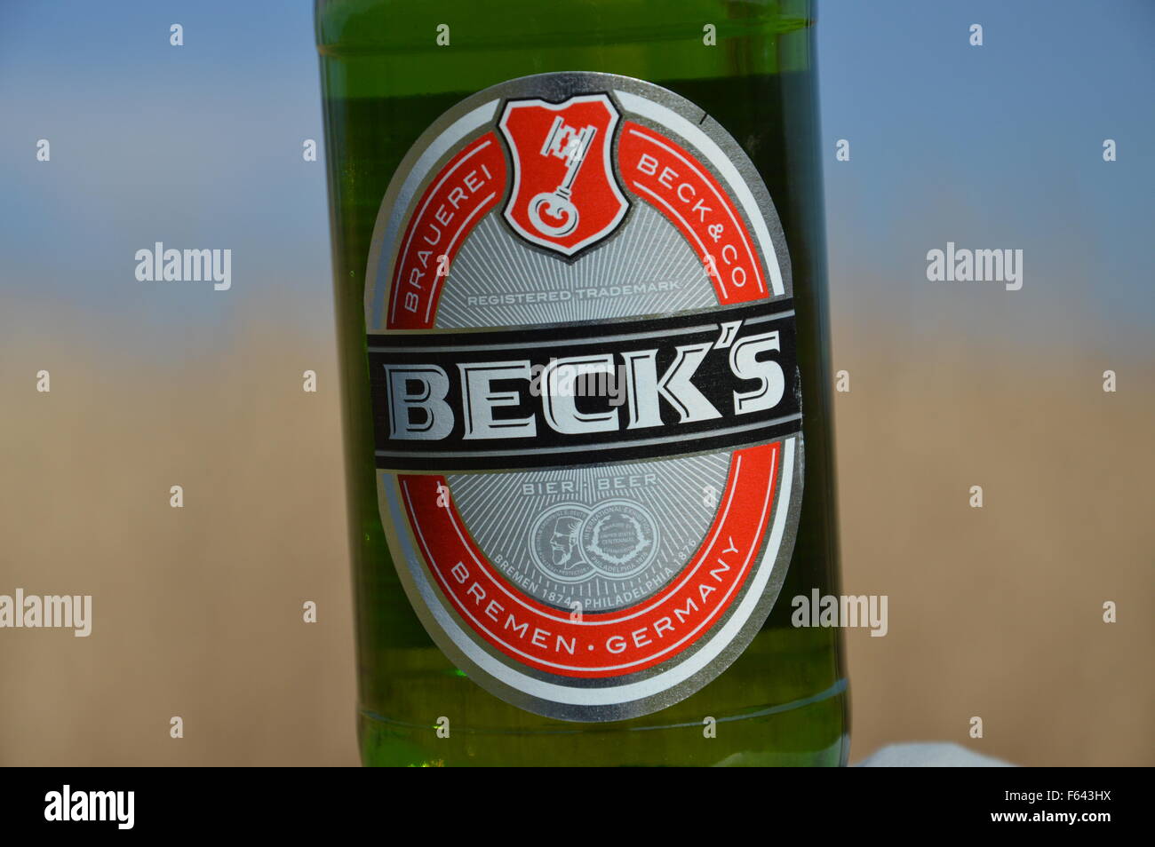 Illustrative bottle beer and sign name brand Beck's beer of on ...