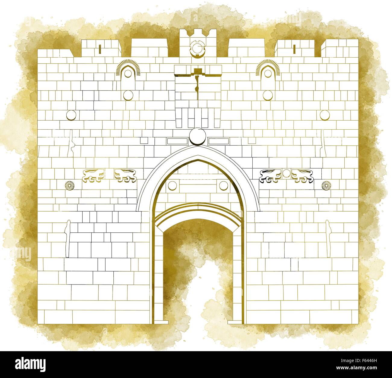 Illustration of Lions' Gate, one of eight gates in the walls of the Old ...