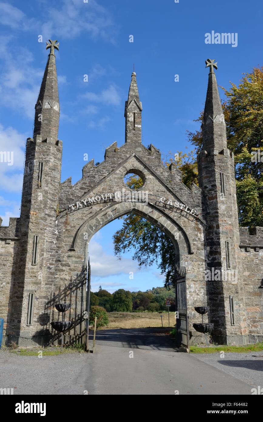 The arched gateway to Taymouth Castle grounds in Kenmore, Scotland, UK ...