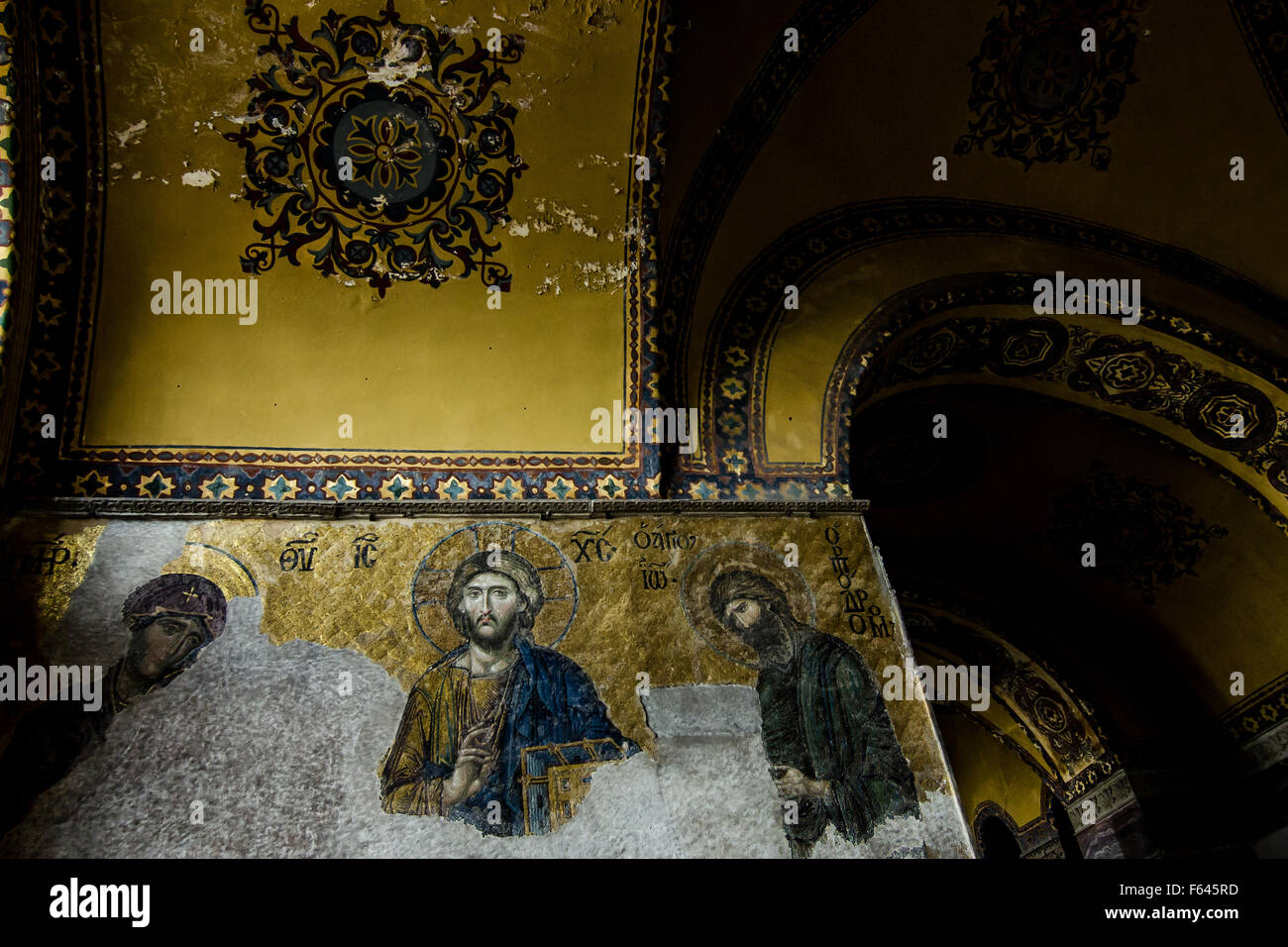 Historic religious mural depicts Christ among ancient architecture in a ...