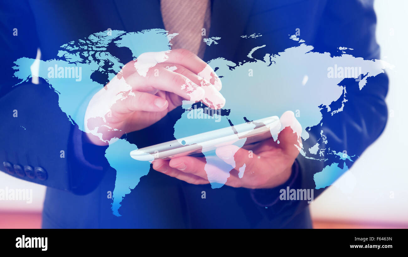 World map and businessman with tablet Stock Photo - Alamy