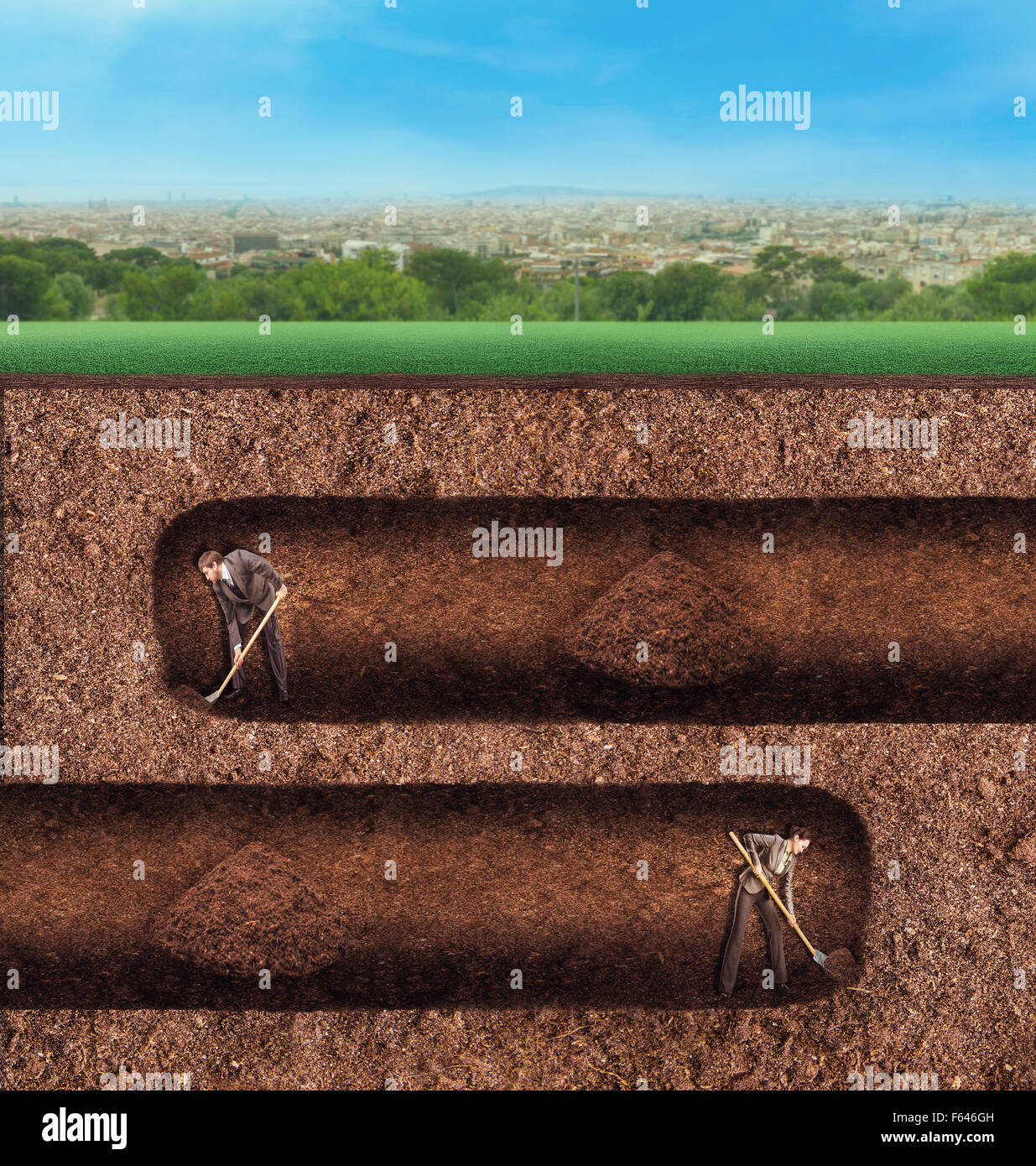 Businessman and businesswoman dig tunnels in different ways underground ...
