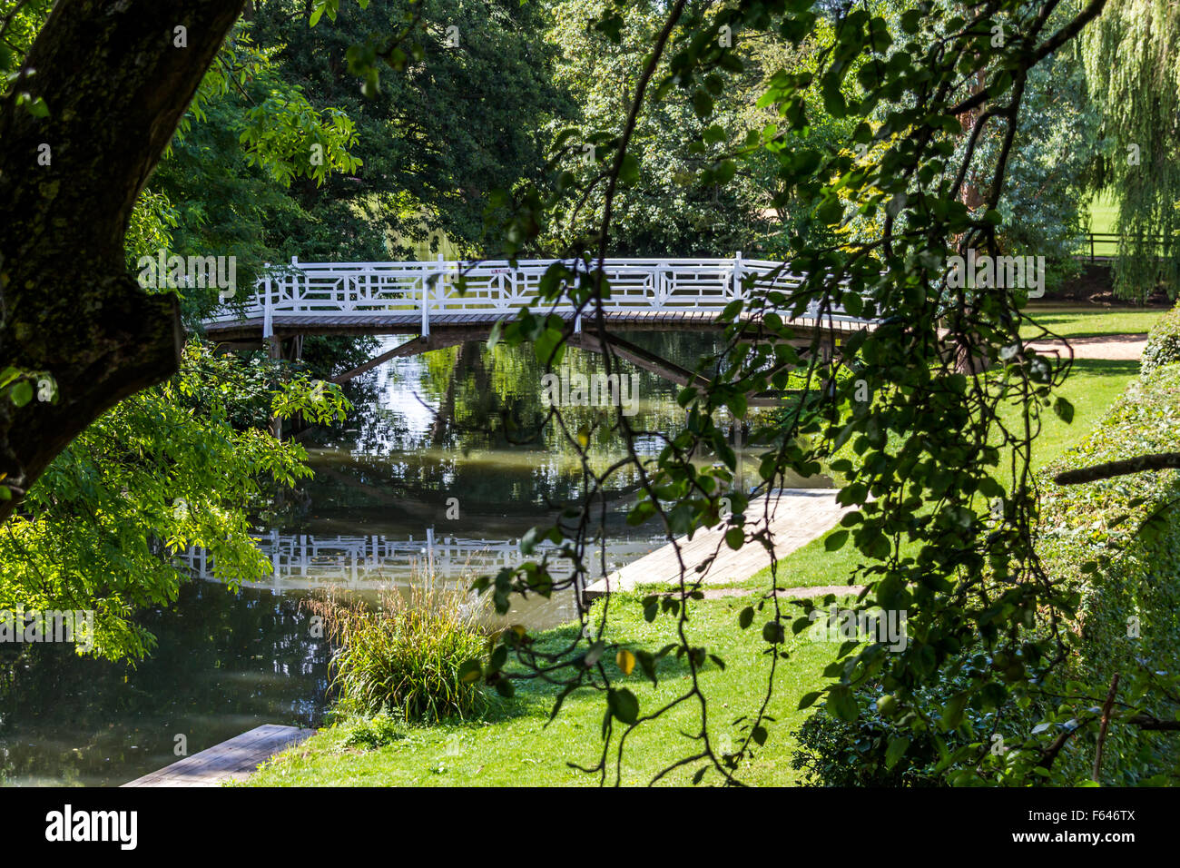 White wooden bridge over a small river with trees overhanging Stock ...
