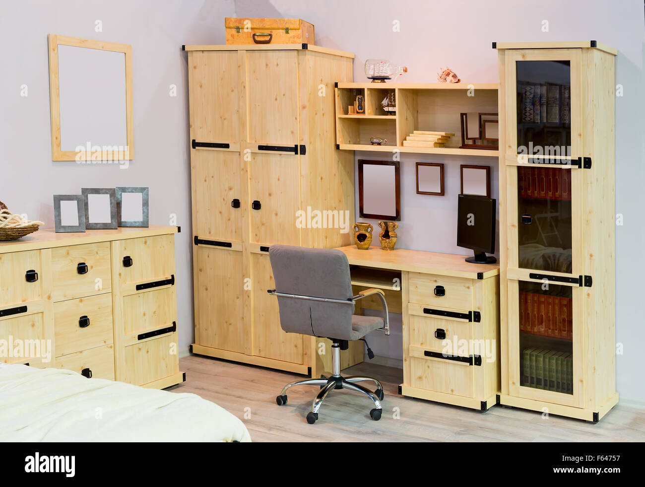 Modern room interior with wooden furniture Stock Photo - Alamy