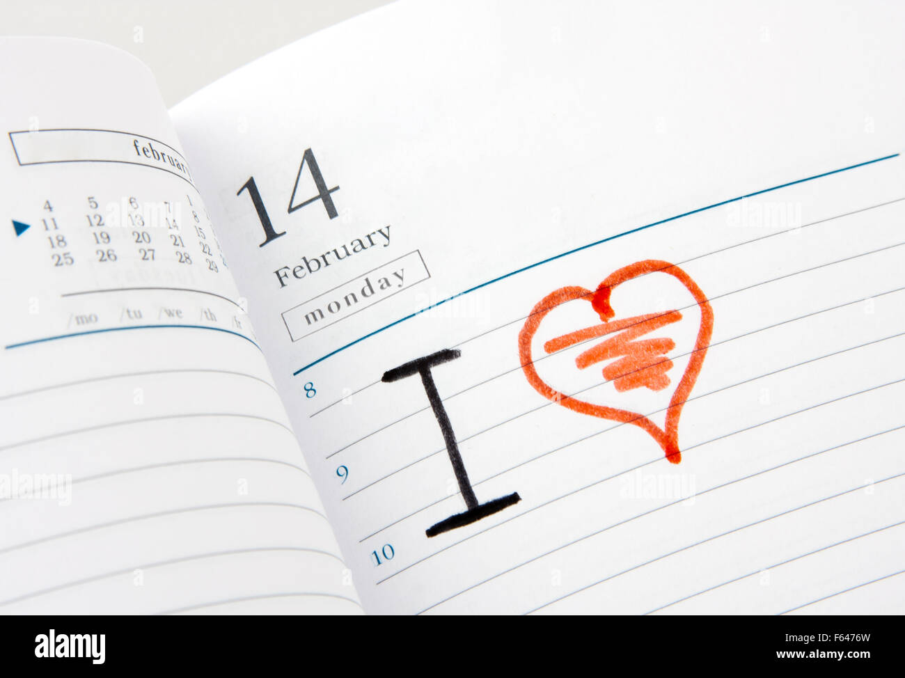 Diary page open to Valentine's Day February. I love Stock Photo - Alamy