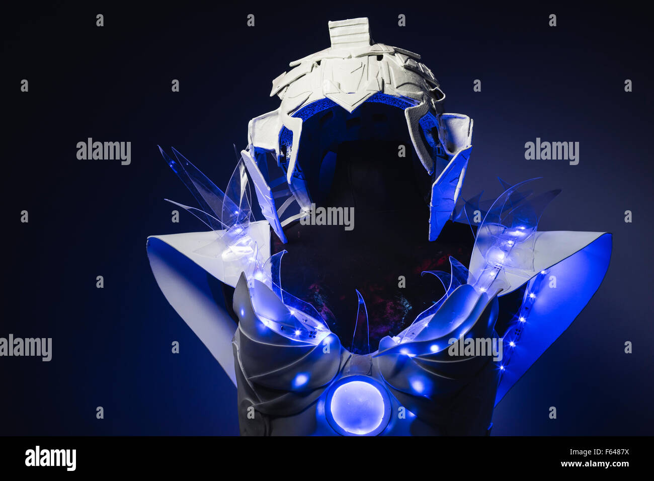 technology robot, white suit with transparent plastic and LED lights on ...
