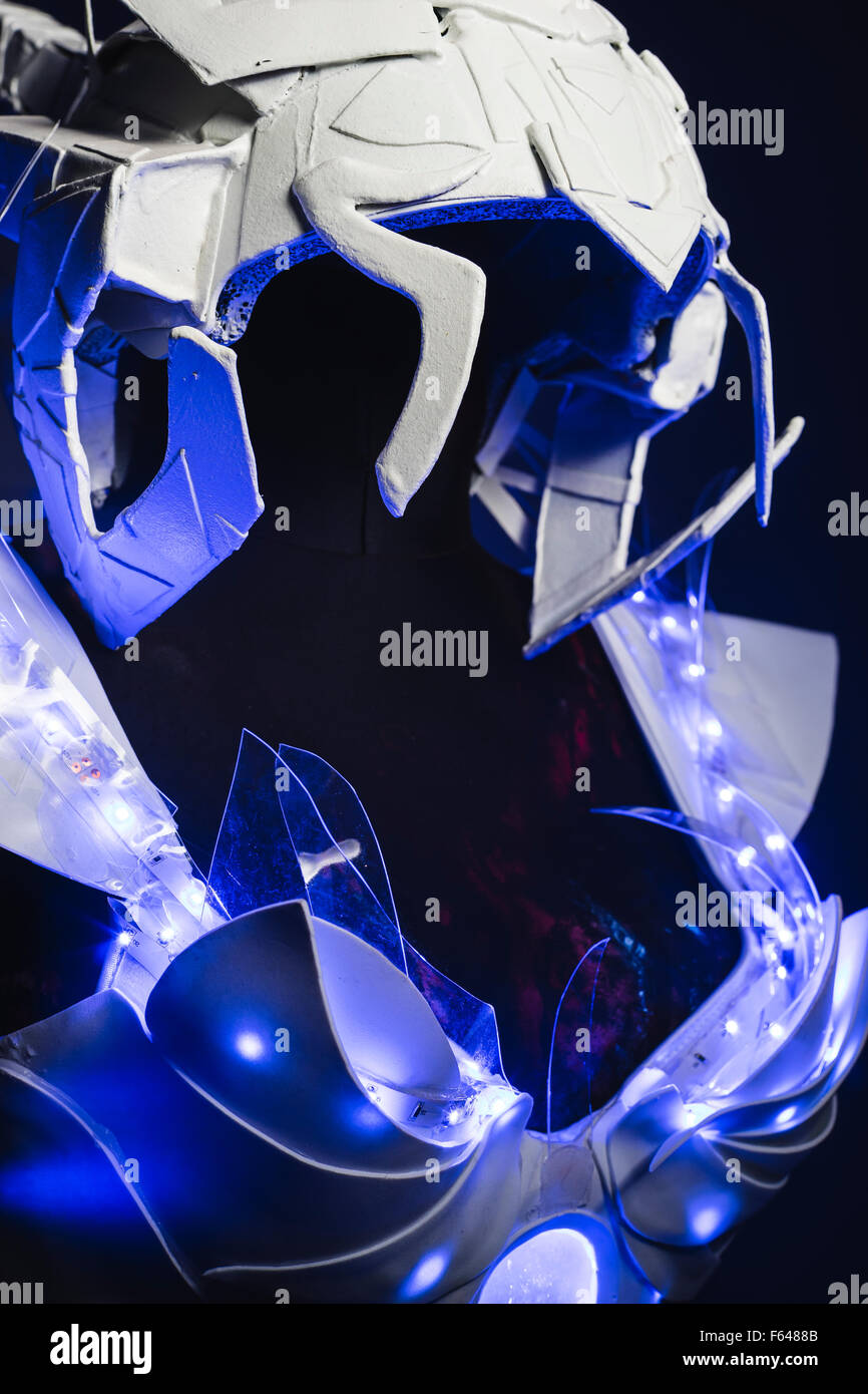 robot, white suit with transparent plastic and LED lights on the body ...