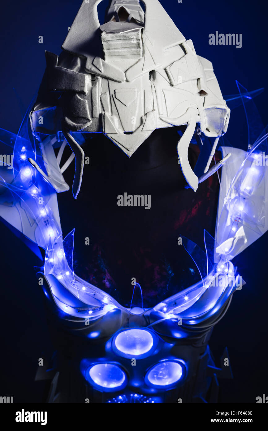 fiction robot, white suit with transparent plastic and LED lights on ...