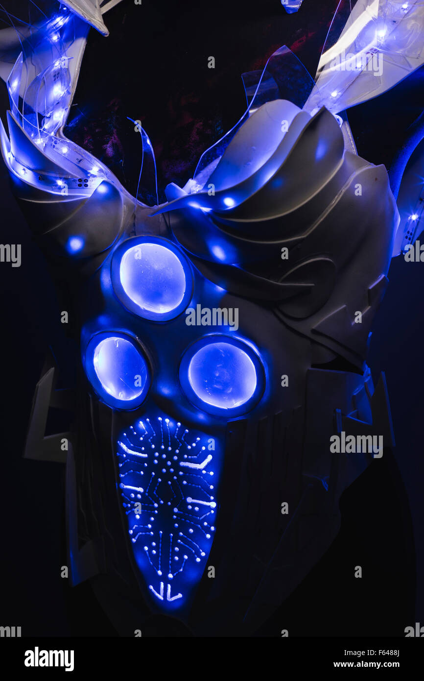 science robot, white suit with transparent plastic and LED lights on ...