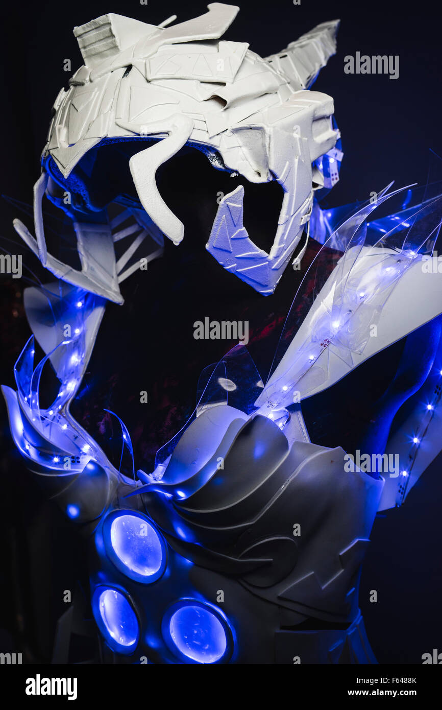 future robot, white suit with transparent plastic and LED lights on the ...