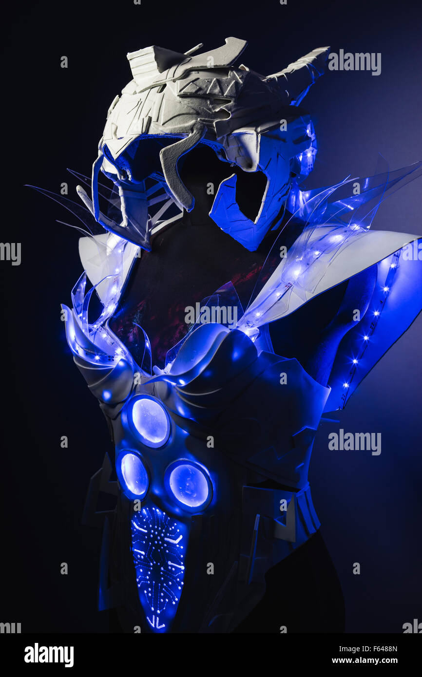 robot, white suit with transparent plastic and LED lights on the body ...