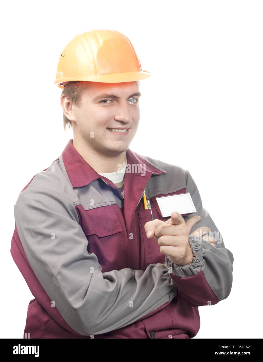 Smiling builder with blank name tag isolated on white Stock Photo - Alamy