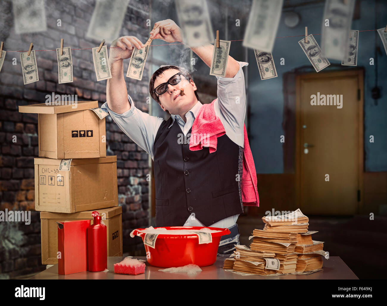 Smoking businessman is hanging on a rope dollars banknotes Stock Photo ...
