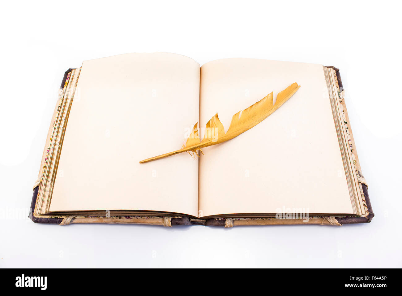 Gold feather and book isolated on white Stock Photo - Alamy