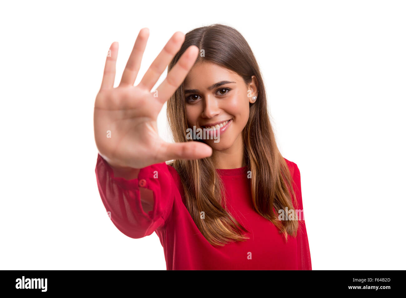 Business woman making stop sign - isolated over white Stock Photo - Alamy
