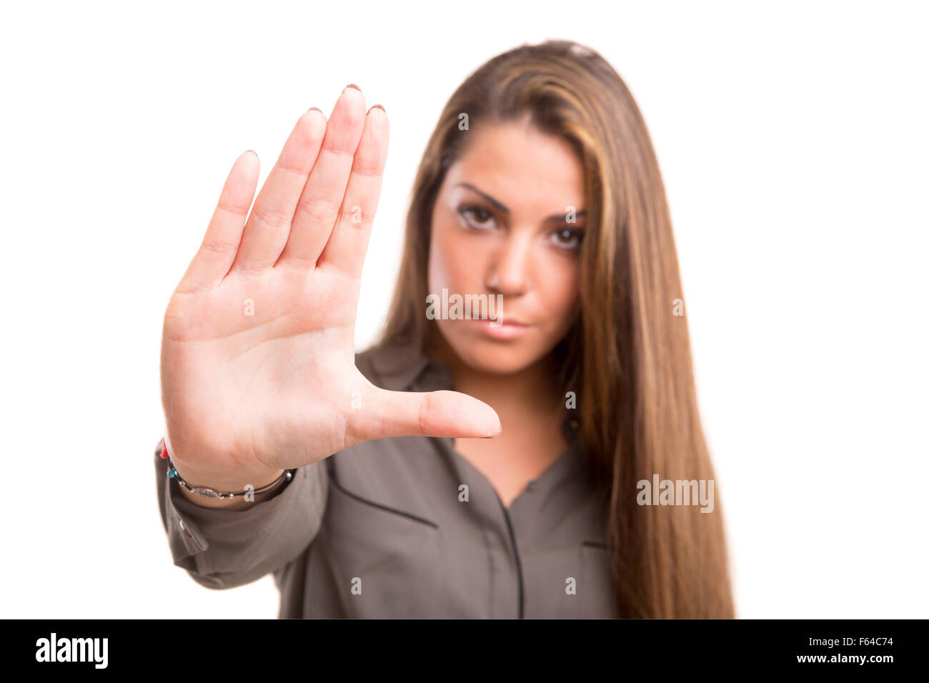 Business woman making stop sign - isolated over white Stock Photo - Alamy