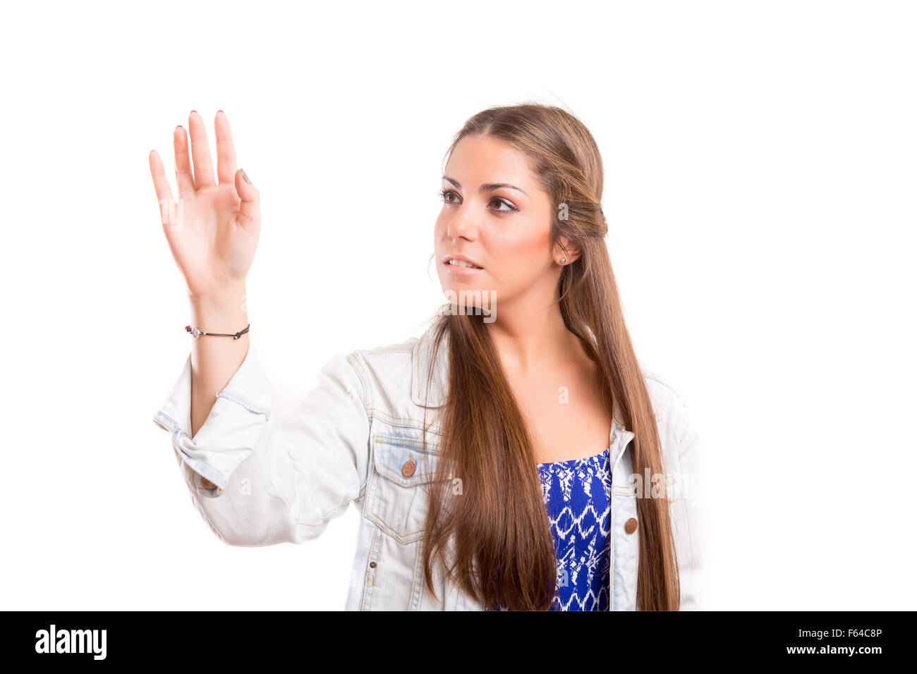 Business woman pressing key, isolated over white Stock Photo - Alamy