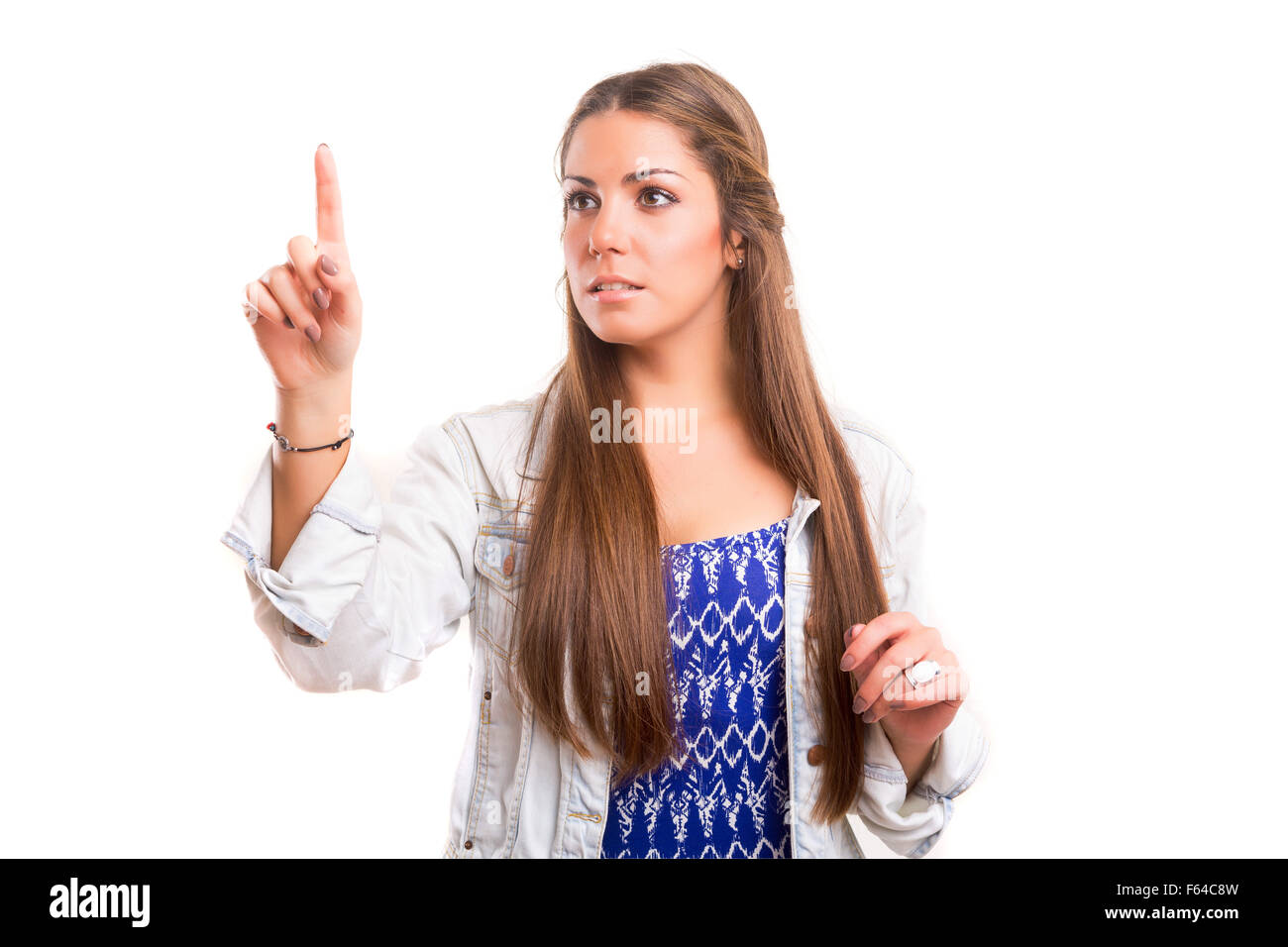Business woman pressing key, isolated over white Stock Photo - Alamy