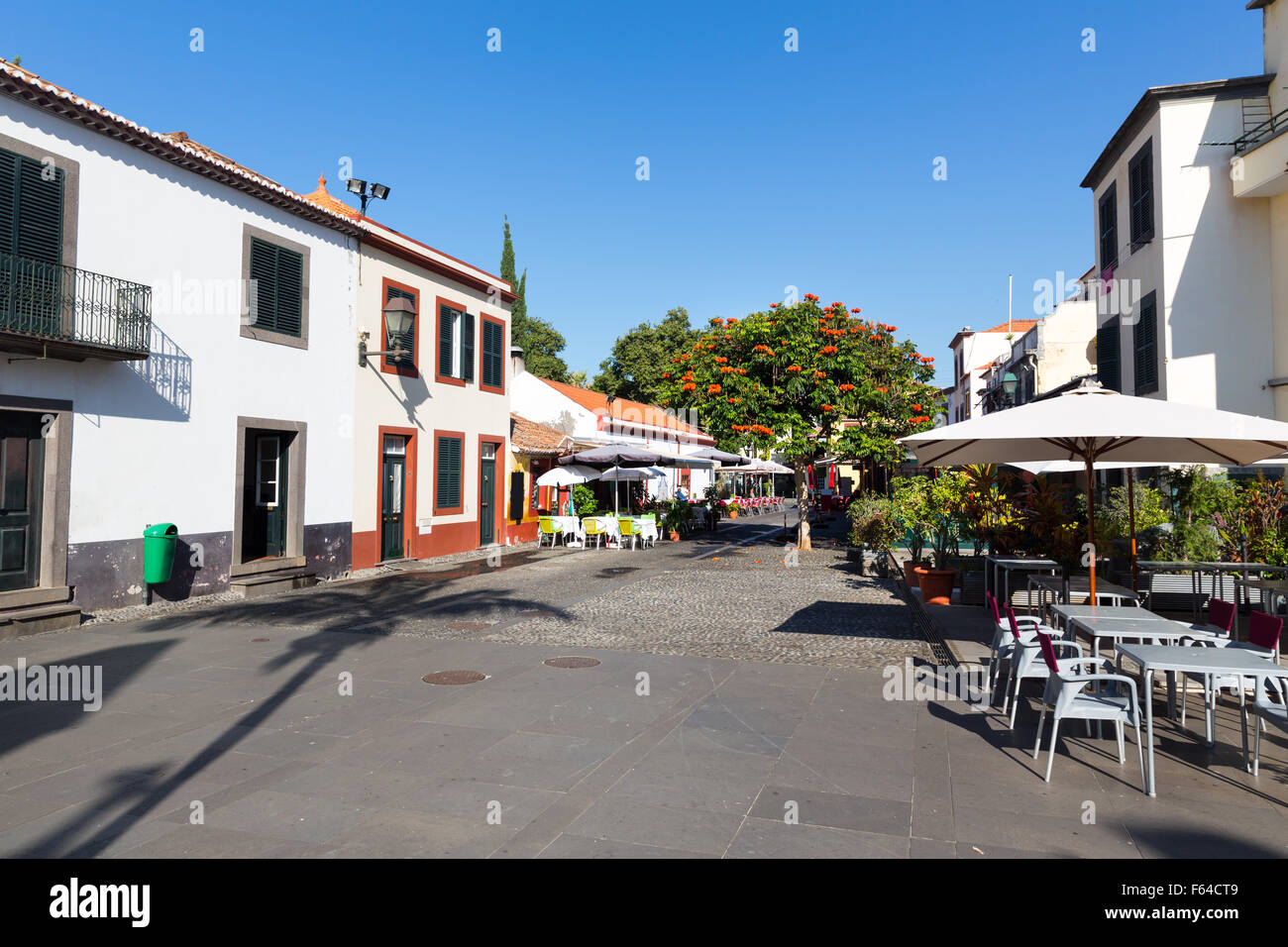Restaurant outdoor with served tables, Portugal, Madeira Stock Photo ...