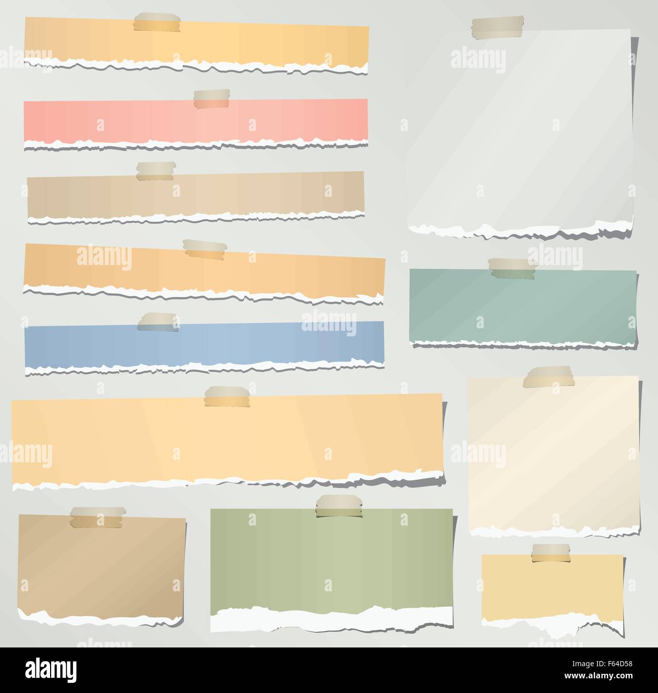 Set of various colorful torn note papers with adhesive tape on gray ...