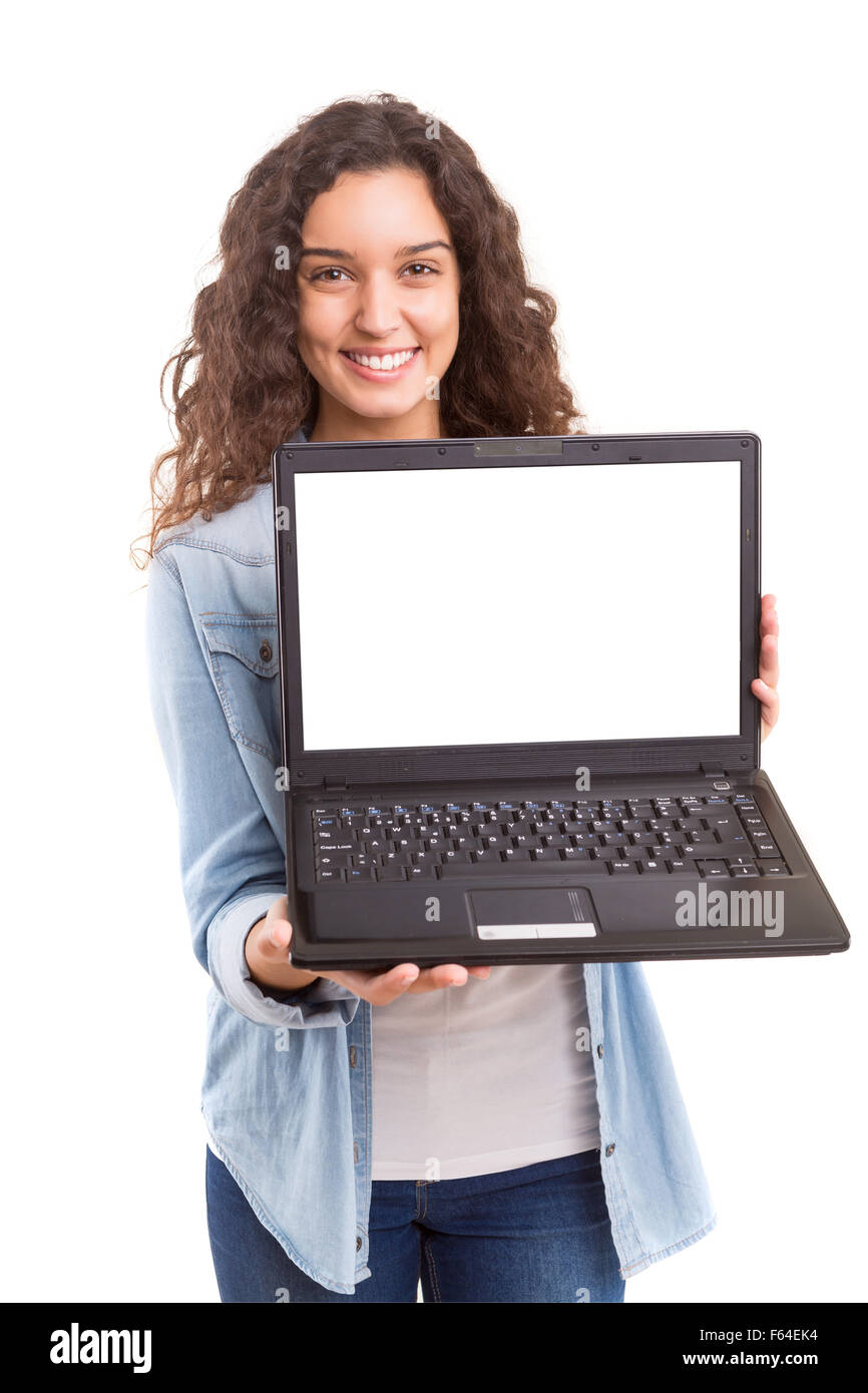 Young woman presenting your product in a laptop computer Stock Photo ...
