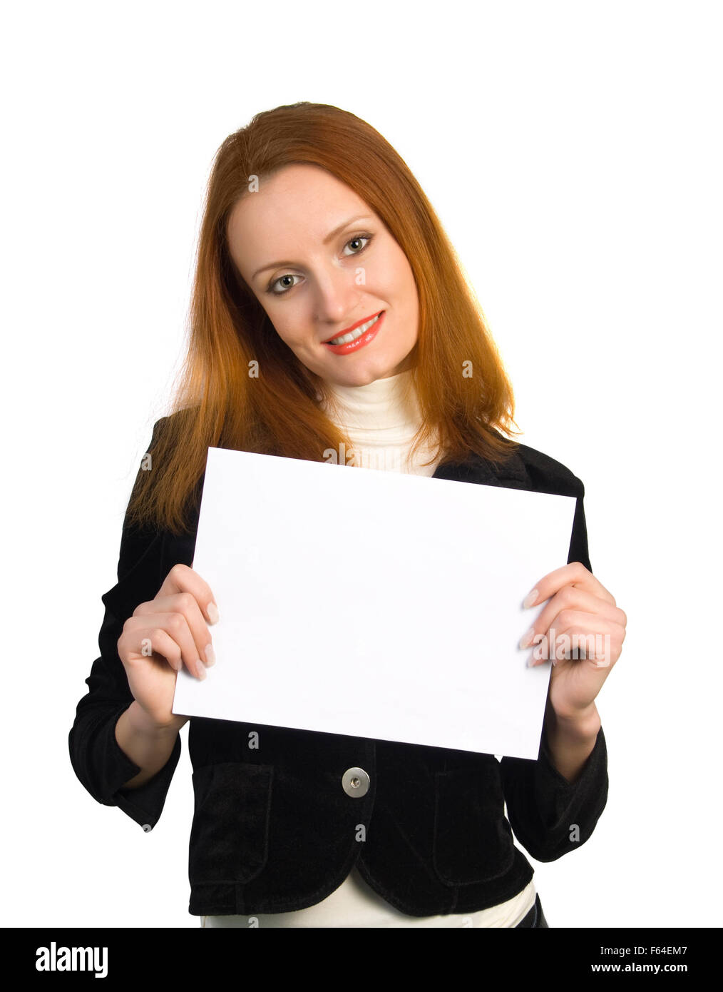 Beautiful attractive smiling woman holding sign isolated on white Stock ...