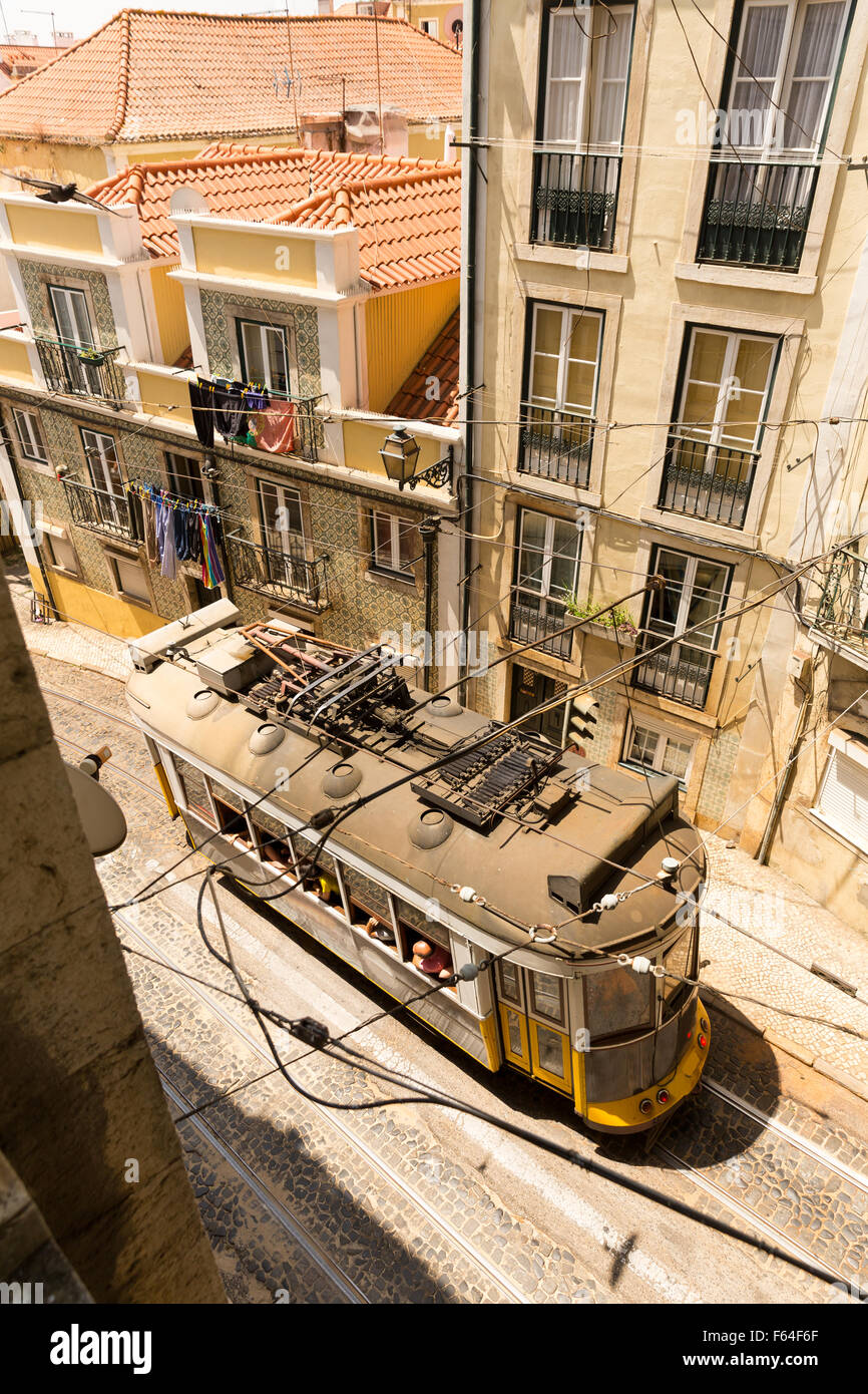 Up view of tram on narrow european street Stock Photo - Alamy