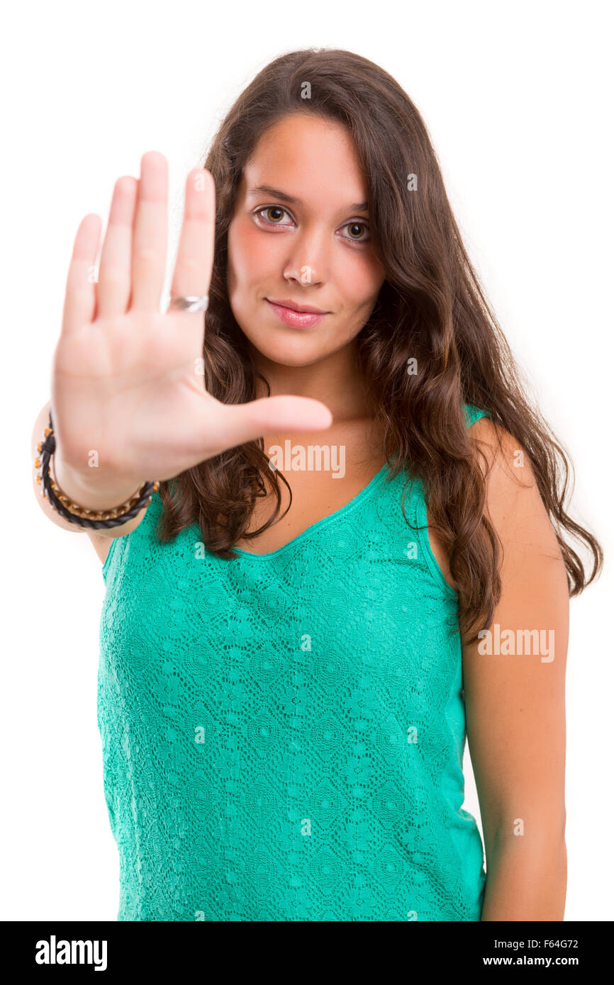 Business woman making stop sign - isolated over white Stock Photo - Alamy
