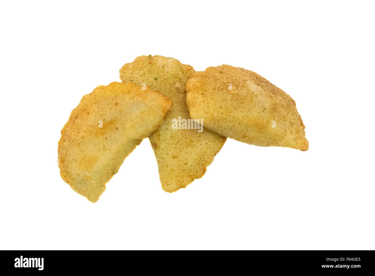 three fried seafood rissol on white background Stock Photo - Alamy