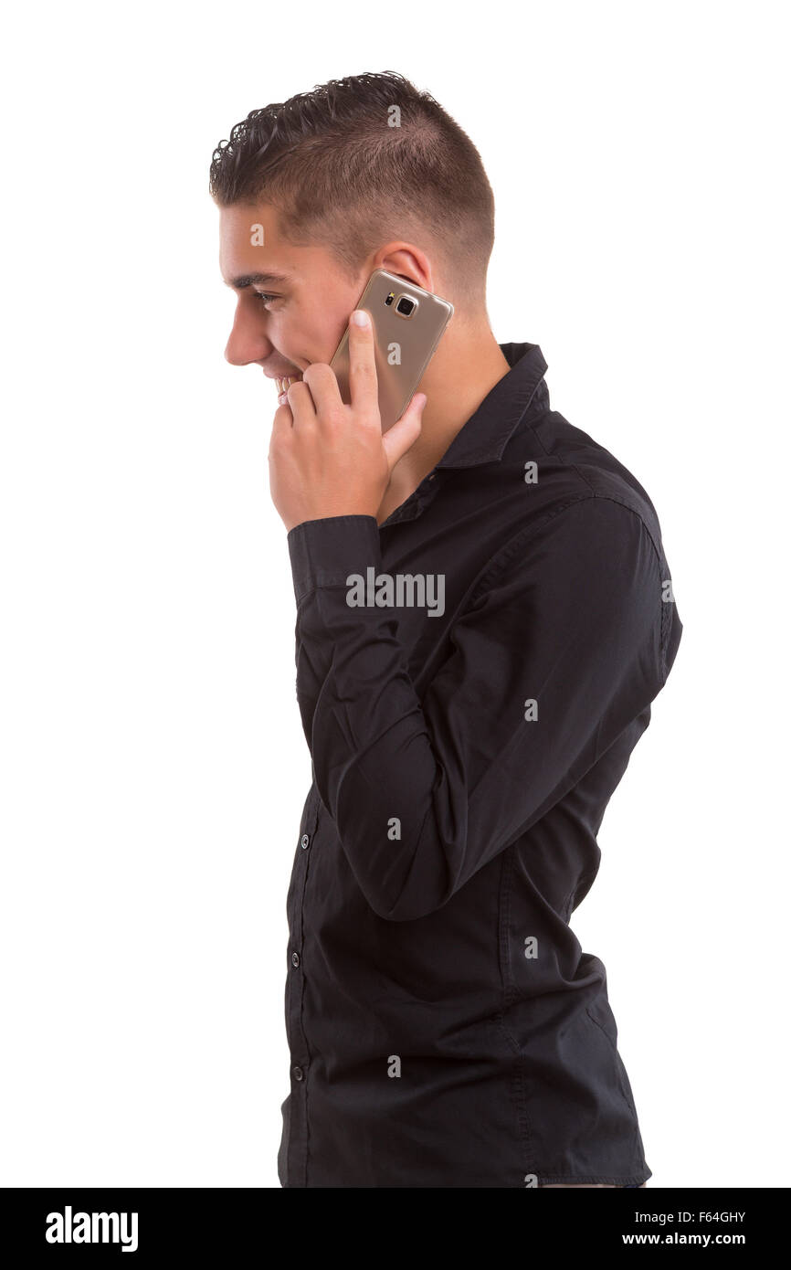 Young boy at the phone, isolated over white Stock Photo - Alamy