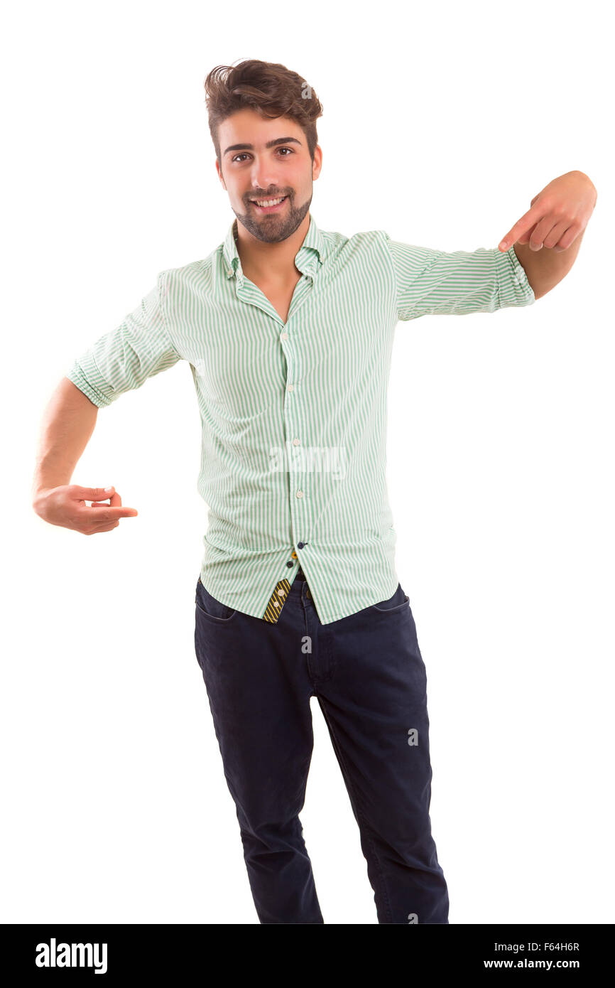 Young man presenting your product, isolated over a white background ...