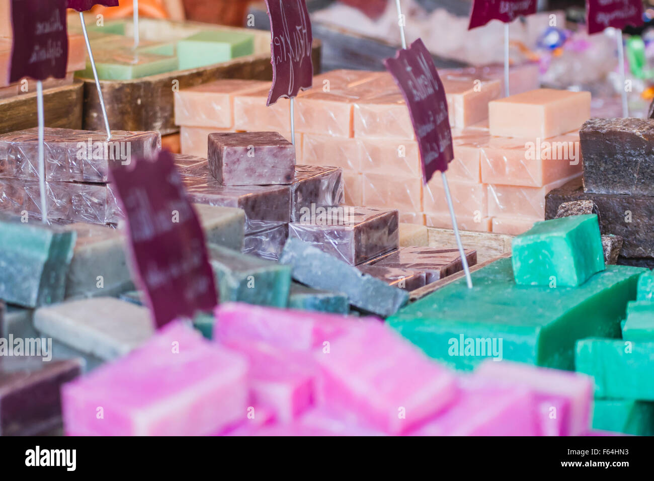 post handmade soaps in a medieval fair, Spain Stock Photo - Alamy