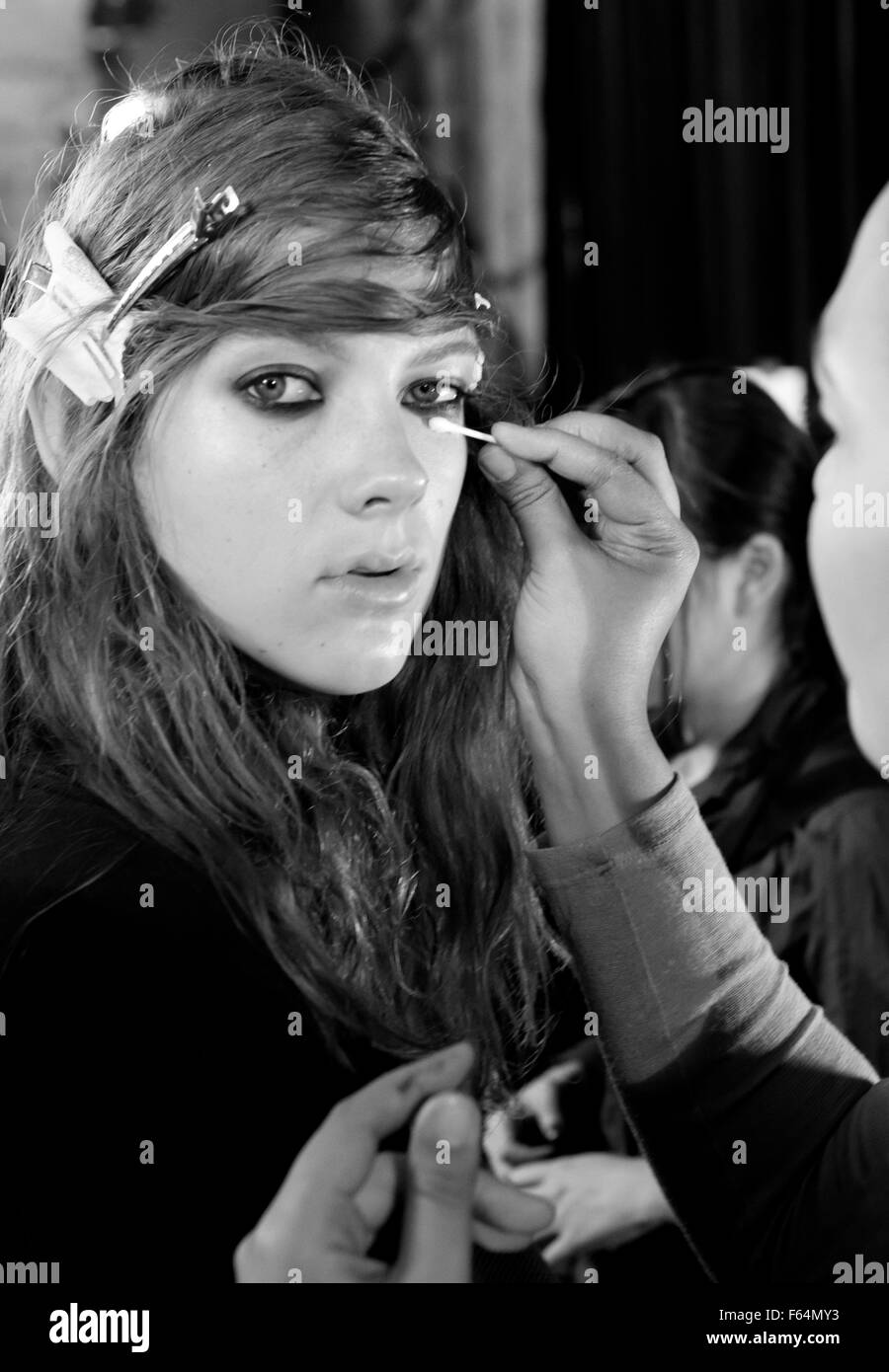 New York, NY - September 15, 2015: Ally Ertel prepares backstage for ...