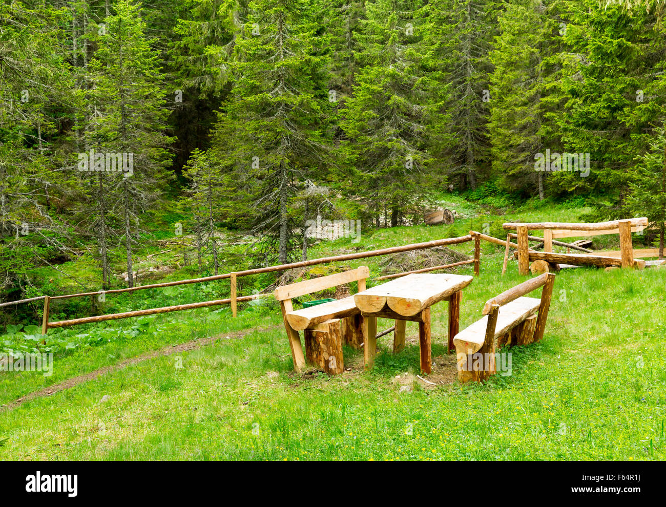 Wooden benches and table in the forest Stock Photo - Alamy