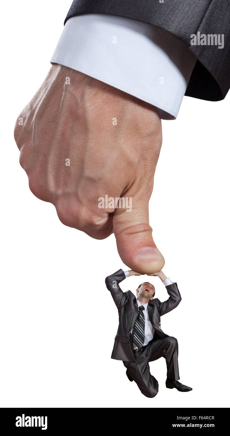 Big hand pushing businessman. Isolated on white Stock Photo - Alamy