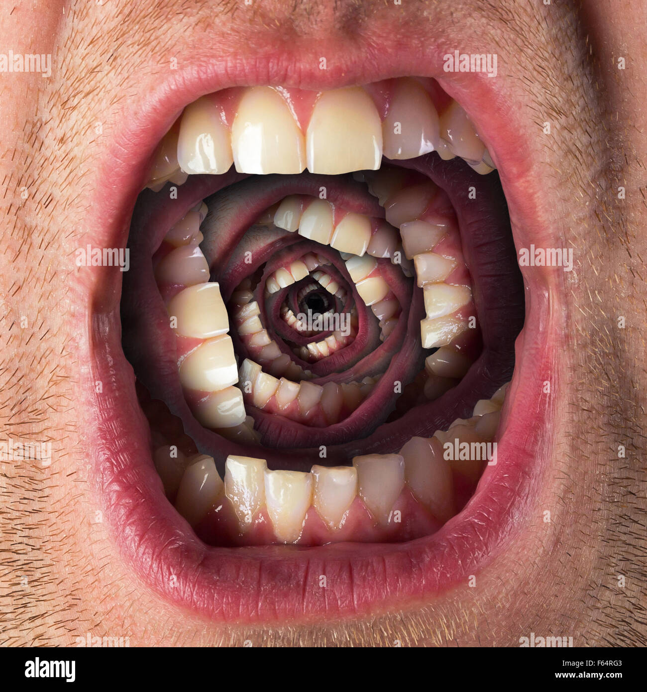 Male screaming open mouth with many jaws Stock Photo - Alamy