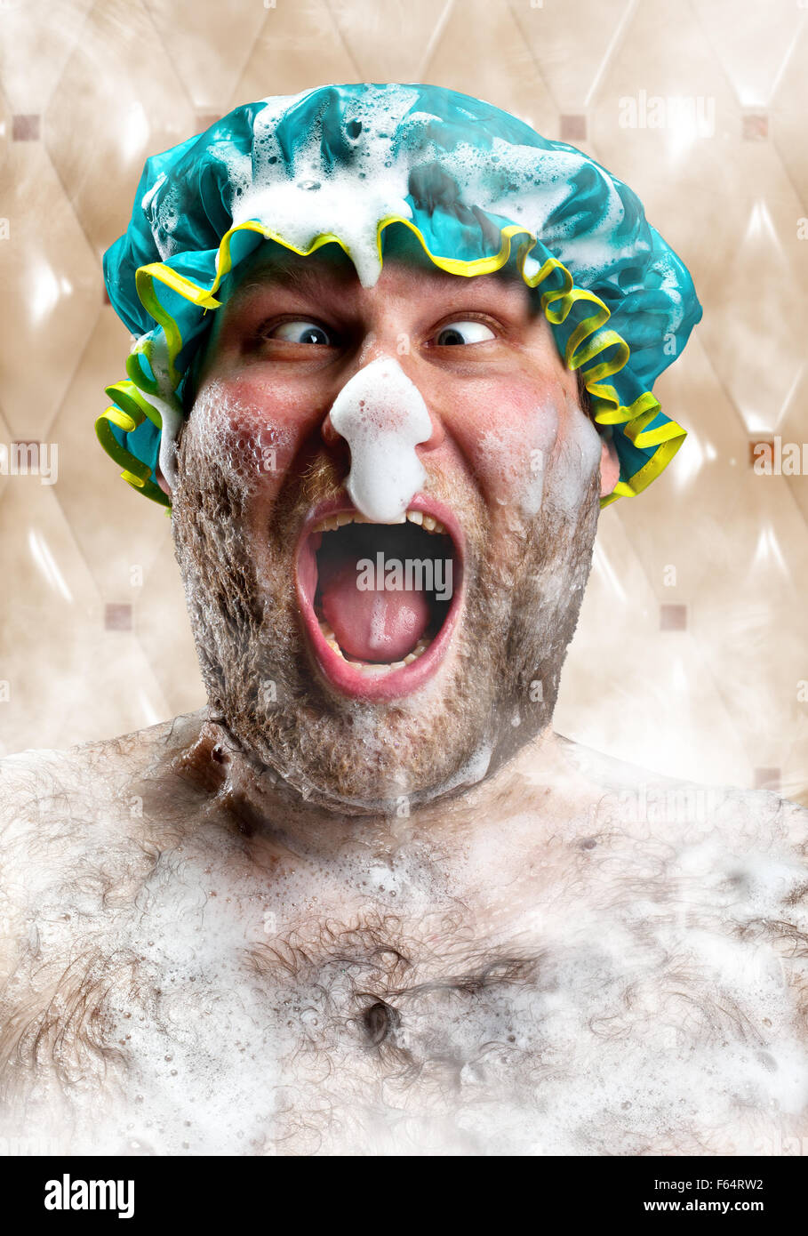 Bizarre man with soap foam on nose taking bath Stock Photo - Alamy
