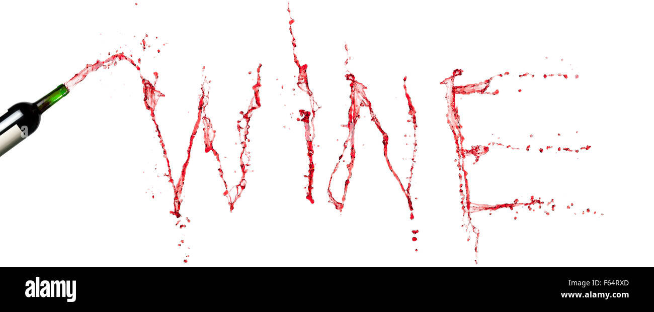 Bottle with splashing red wine. Wine word Stock Photo - Alamy