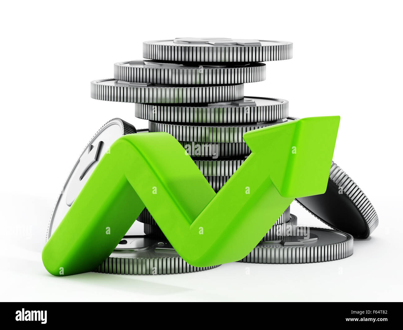 Coin stack with rising arrow isolated on white background Stock Photo ...