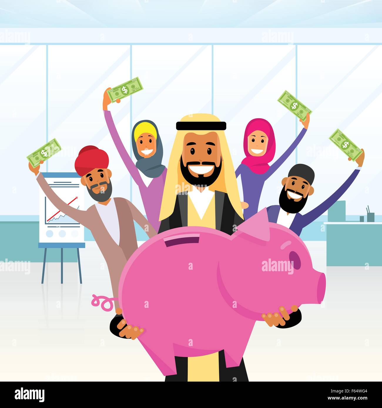Business People Arab Team Hold Piggy Bank Put Money Savings Arabic ...